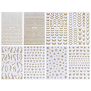 JMEOWIO 8 Sheets French Tip Nail Art Stickers Decals Self-Adhesive Pegatinas Uñas Gold Line Nail Supplies Nail Art Design Decoration Accessories
