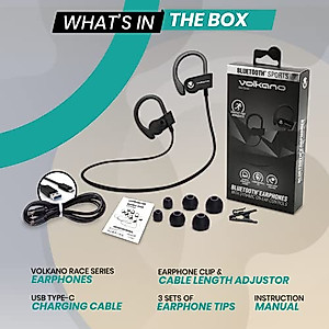 Volkano Wireless Earphones - Bluetooth 5.0 Sports Earbuds, Workout Buds Ear Hook Design for Running, Gym - Immersive Sound, Dynamic in Ear Control, 3 Hour Playback & USB Charger, Race Series (Black)