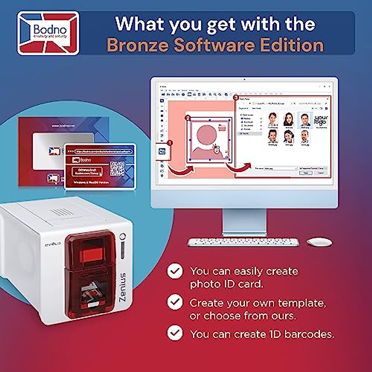 Evolis Zenius Single Sided ID Card Printer & Complete Supplies Package with Bodno Bronze Edition ID Software