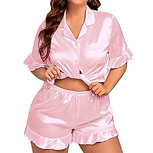 SWOMOG Womens Satin Plus Size Pajamas Silk Short Sleeve Pj Sets Ruffle Shorts 2 Piece Sleepwear Bride Soft Lounge Set 18-26W Pink
