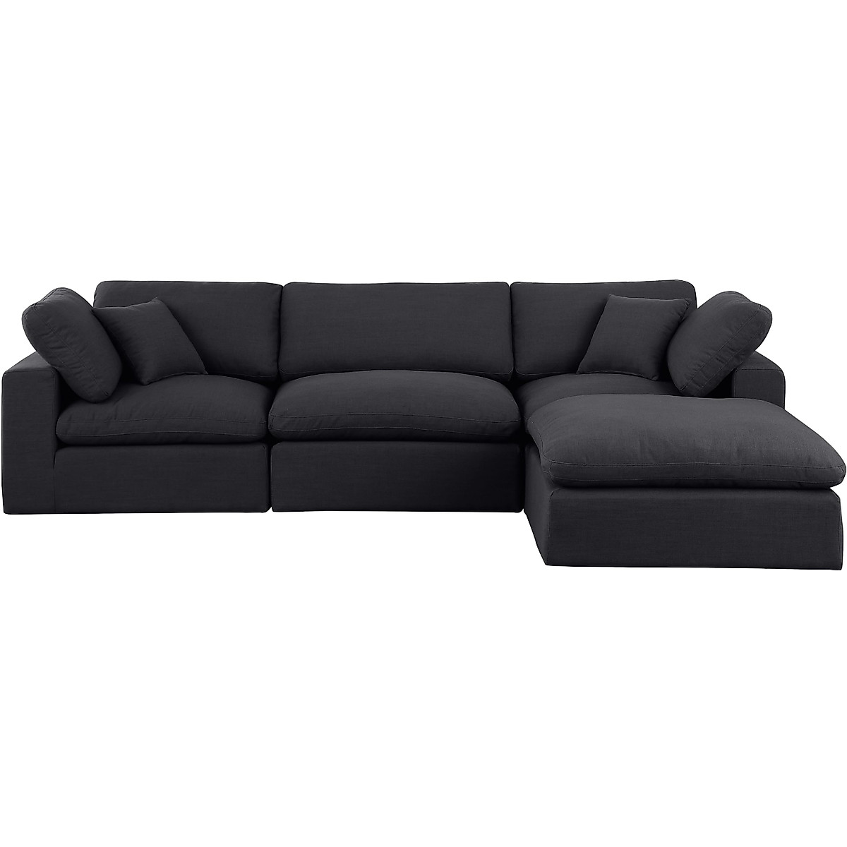 Meridian Furniture 187Black-Sec4A Comfy Collection Modern | Contemporary Upholstered Modular Sectional, Black Linen Textured Fabric Upholstery, Down Feather Cusions, 119" W x 79" D x 34.5" H, Black