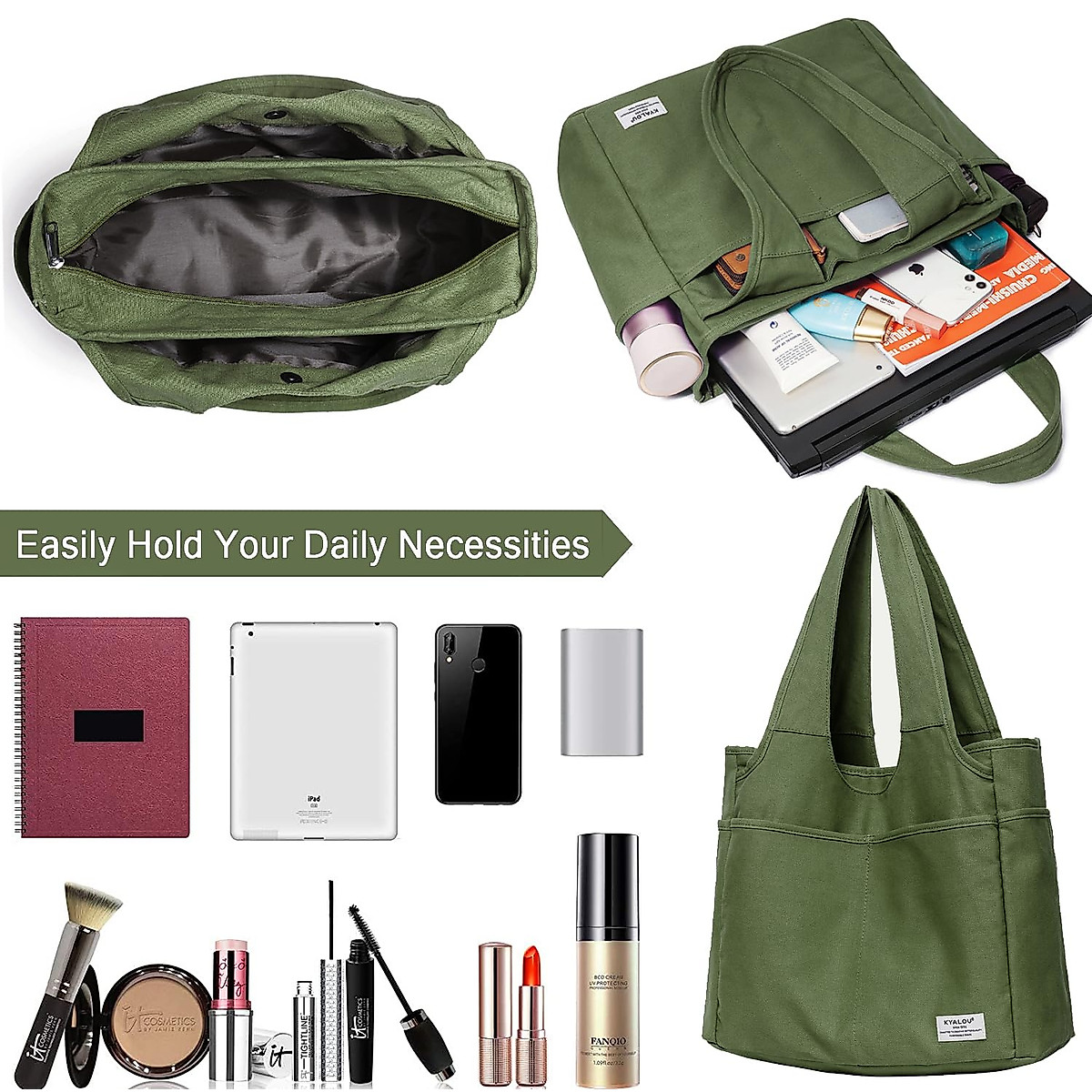KYALOU Utility Large Canvas Tote Bag with Pockets, Women Casual Shoulder Bags with 13 Exterior & Interior Pockets for Work Gym Beach Travel Shopping Grocery (Green)