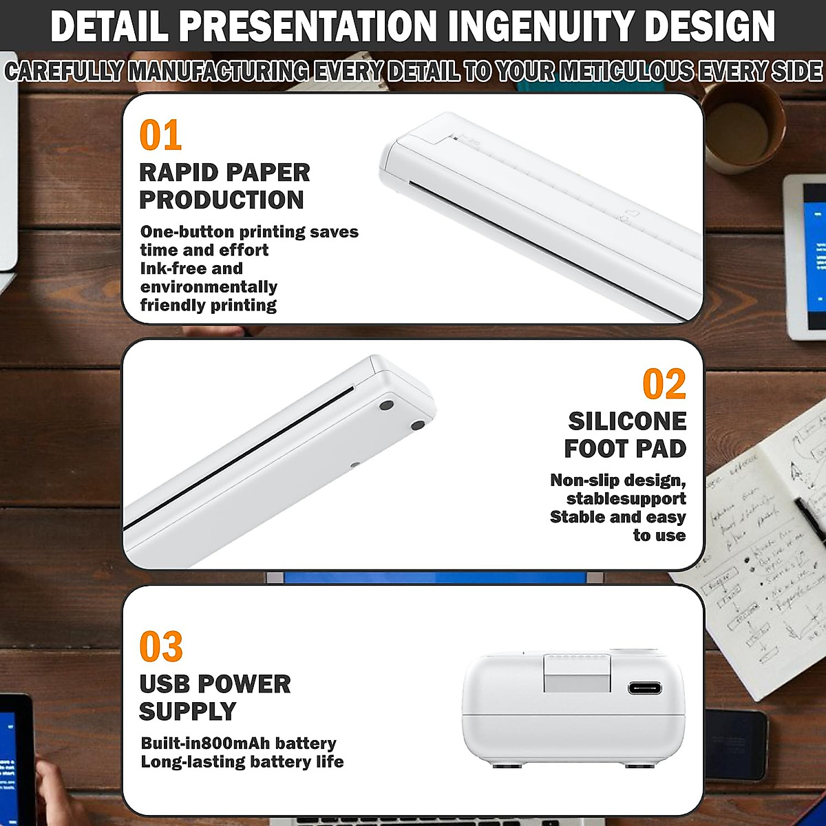 Darkant Portable Thermal Printer Wireless for Travel, Inkless Compact Printer, Small Bluetooth Thermal Mobile Printer Compatible with Android iOS Phones & Thermal A4 Paper (210 x 297mm)