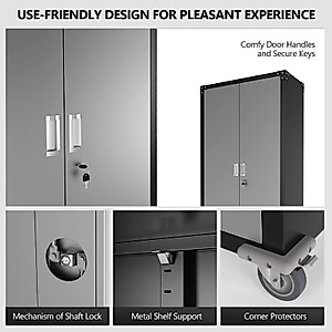 Bonnlo 72" Tall Sliver&Black Garage Storage Cabinets with Locking Doors and 4 Adjustable Shelves, Metal Storage Cabinets with Wheels for Garage, Office, Kitchen, Laundry&Utility Room, 32W x 16D x 72H