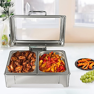 400W Stainless Steel Food Warmer Commercial Buffet Kitchen Chafing Dish with 2 Pans 9L Double Compartment Countertop Food Server Heater for Restaurant Hotels Catering Parties