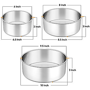 P&P CHEF Cake Pan Set of 3-6 inch + 8 inch + 9½ inch, Stainless Steel Round Baking Pans, Birthday Wedding Layer Cake Pans Tins, Fit Oven/Pots/Pressure Cooker, 3-inch Straight Side, Dishwasher Safe