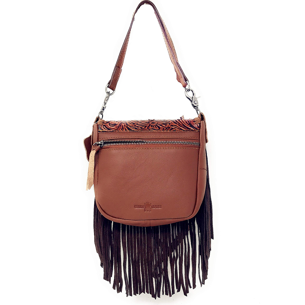 Texas West Western Genuine Leather Tooled Horse Fringe Women's Crossbody Bag in 2 colors (Brown)