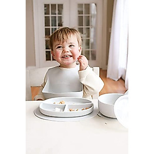 Ullabelle Suction 7 Pc Baby Feeding Set -BPA Free, 100% Food Grade Silicone- Microwave & Dishwasher Safe- 2 Silicone Bibs, 1 Suction Divided Toddler Plate, 1 Suction Bowl w/ Lid & 2 Spoons (Grey)