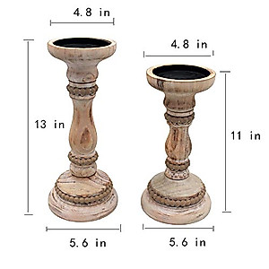 Funly mee Rustic Farmhouse Wooden Candle Holder ,13 Inch and 11 Inch Height Candlesticks with Decorative Bead (Set of 2)