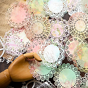 120 Pcs Lace Paper Decoupage Paper Round Lace Paper Lace Table Doilies for Aesthetic Journals Junk Journal Planners Vintage Journaling Supplies Crafts（A）
