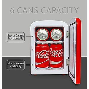 Coca-Cola Classic Coke Bottle 4L Mini Fridge w/ 12V DC and 110V AC Cords, 6 Can Portable Cooler, Personal Travel Refrigerator for Snacks Lunch Drinks Cosmetics, Desk Home Office Dorm, Red