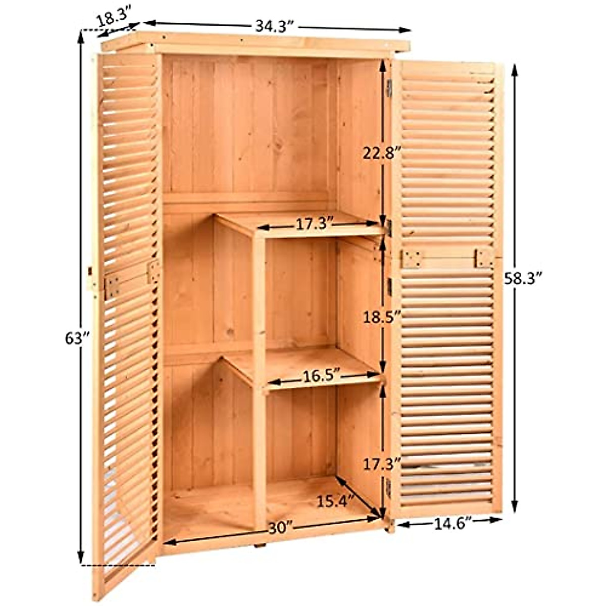 Grepatio 63" Outdoor Garden Storage Shed - Wooden Shutter Design Fir Wood Storage Organizers - Patios Tool Storage Cabinet Lockers for Tools, Lawn Care Equipment, Pool Supplies and Garden Accessories