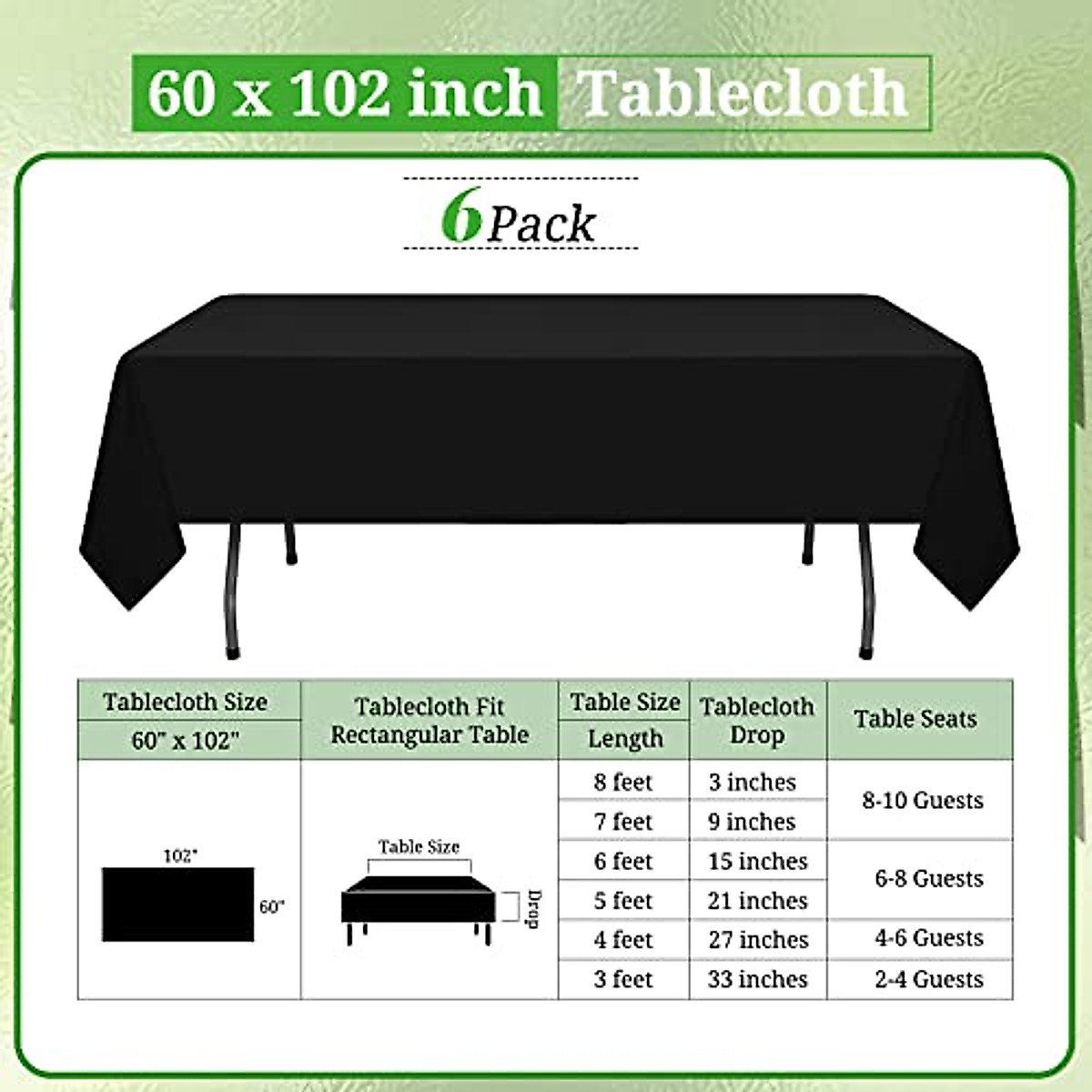 REWOMC 6 Pack Polyester Tablecloth 60 x 102 Inch Black Polyester Table Cloth for 6 Foot Rectangle Tables, Stain and Wrinkle Resistant Washable Table Cover for Kitchen Wedding Banquet Restaurant Party