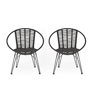 GDFStudio Great Deal Furniture Outdoor Wicker Dining Chairs (Set of 2), Gray and Black