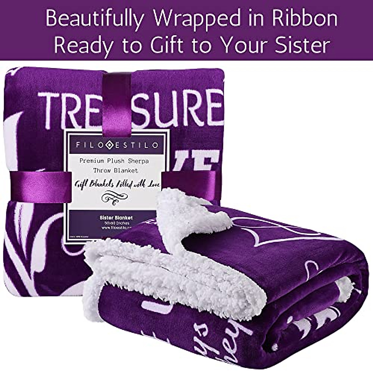 FILO ESTILO Sister Blanket, Birthday Gifts for Sister, Best Sister Ever Gifts with Words and Sayings of Love, Sister Birthday Gifts from Sister 60x50 Inches (Purple, Sherpa)