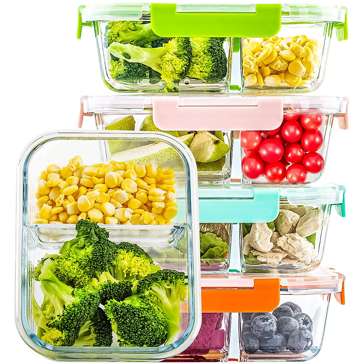 C CREST Glass Meal Prep Containers 2 Compartment Set, 5-Pack, 34oz, Glass Bento Boxes for Adults, Divided Glass Lunch Containers with Lids