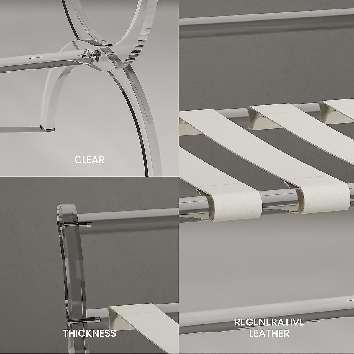 Byingo Acrylic Luggage Rack with High Back Support Bar, Foldable Suitcase Stand with Leather Straps for Guest Room, Bedroom, Hotel, Holds Up to 50-100 lb, Modern, Portable, Easy to Use, Heavy-Duty