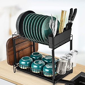 aceyoon 2 Tier Dish Drying Rack for Kitchen Counter with Swivel Spout, Detachable Dish Rack and Drainboard, Dish Drainer Organizer with Cup Utensil Cutting Board Holder (17.52 x 9.96 x 14.56inch)