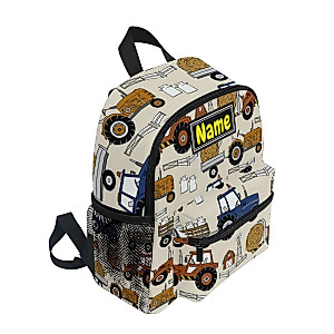 Glaphy Custom Kids Backpack for Boys Girls, Tractors Cars Toddler Backpack Kindergarten Elementary, Personalized Name Preschool Bookbag with Chest Strap