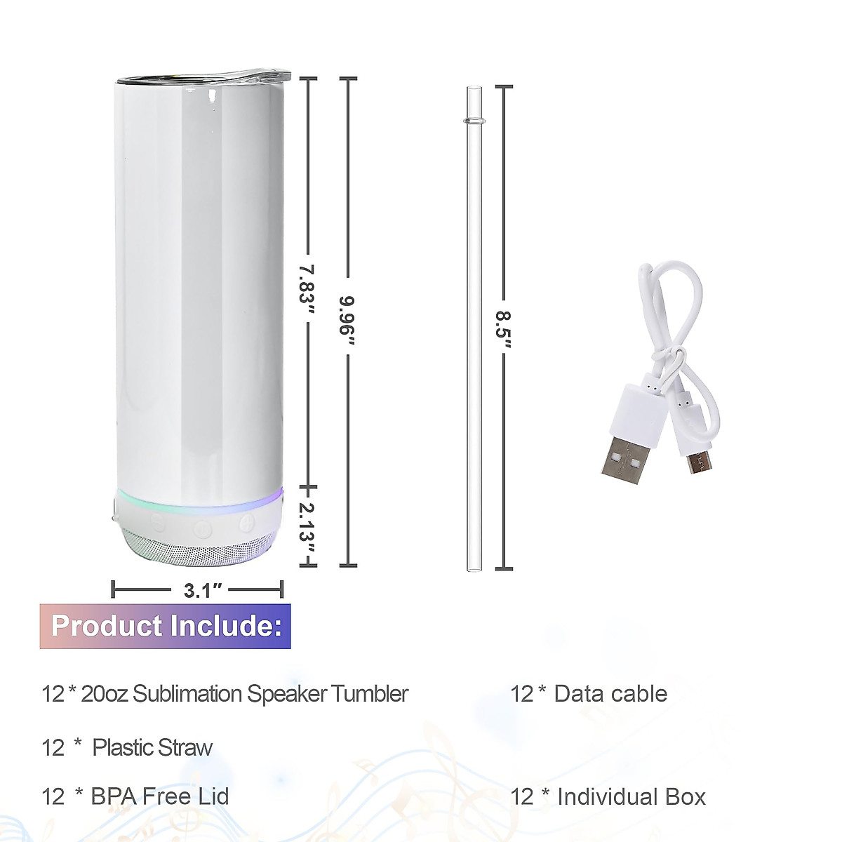 Icesip 12 Pack Music Speaker Tumbler, 20 oz Sublimation Tumbler Skinny Straight Double Wall Music Speaker Cup with Straw Lid & USB Charging Cable - White