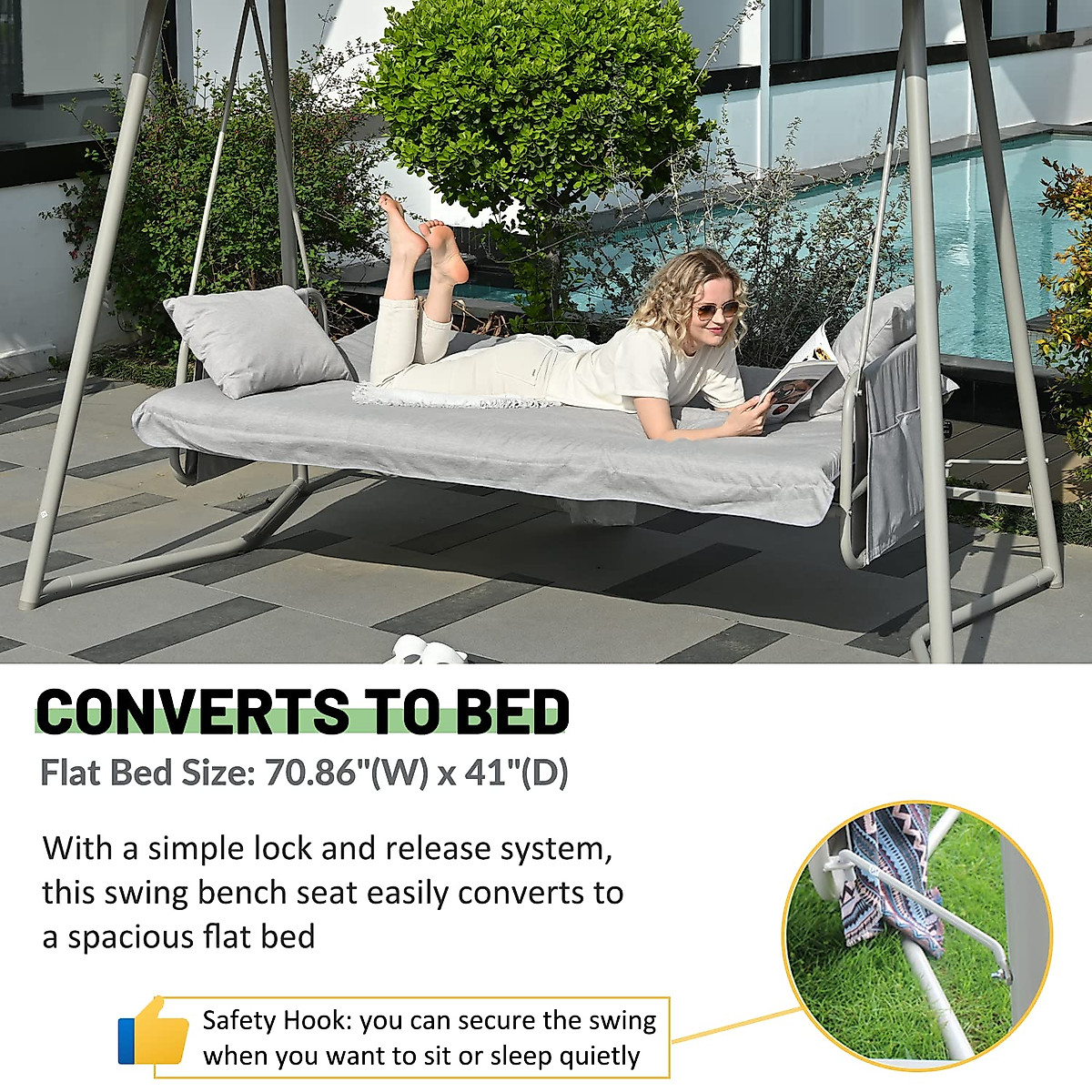 JOYBASE 3 Person Outdoor Porch Swing with Canopy, Patio Porch Swing with Stand, Swing Daybed Bed Bench with Cushion and Pillow, Swing for Deck, Outside, Garden, Backyard, Balcony