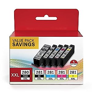 PGI-280 XXL/CLI-281 XXL Ink Cartridge 5 Color Value Pack Replacement for Canon 280 281 Ink Cartridges Compatible with Printer PIXMA TR8520 TR8620 TR7520 TR8600 TS6120 TR8500 TS6220 TS9120