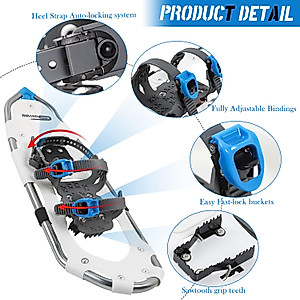 Goutone 21/27 Inches Light Weight Snowshoes for Men and Women. Fully Adjustable Ratchet Bindings, Heel Lift Riser ,Hard Pack Grip Teeth, Carrying Tote Bag