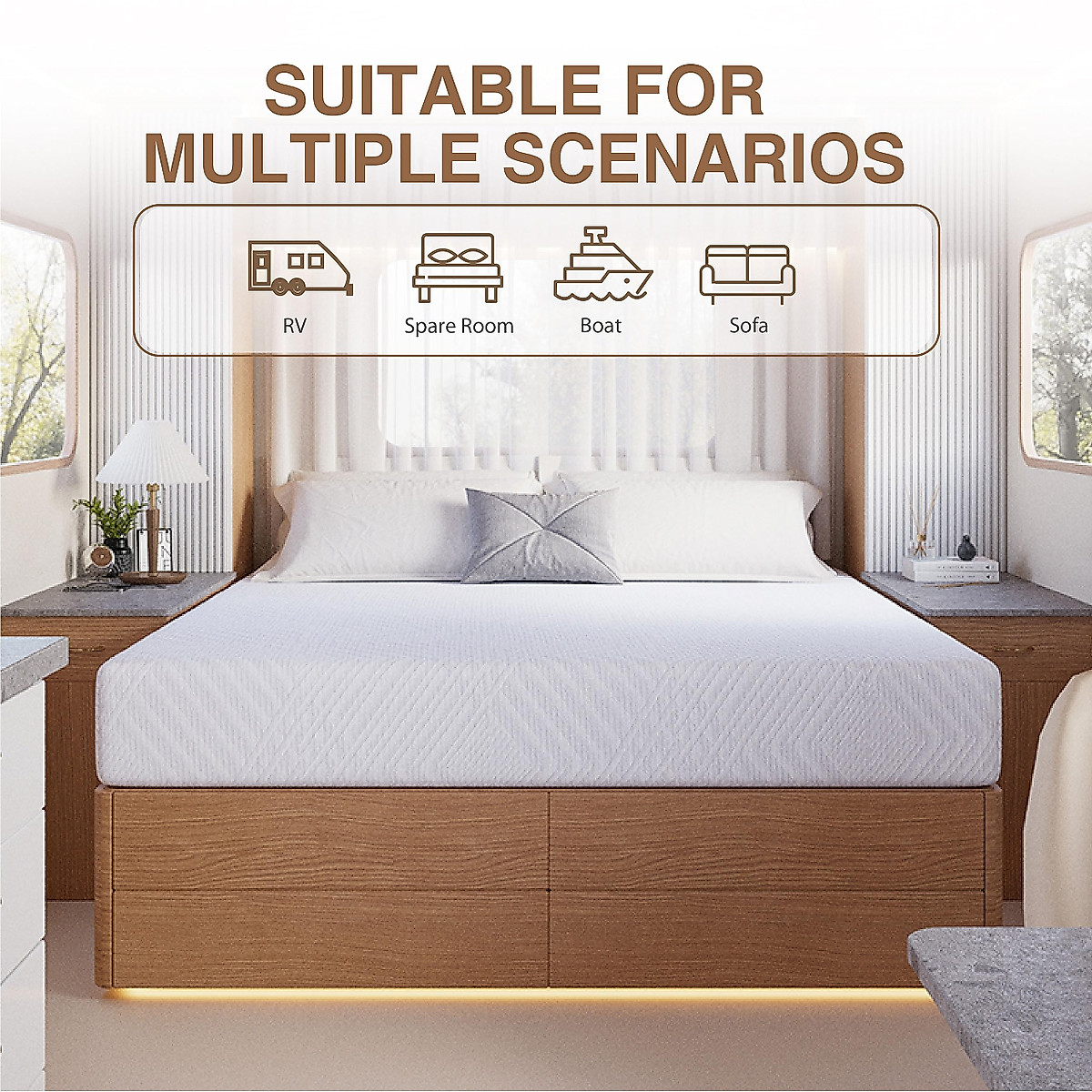 Dyonery RV Mattress Short Queen, 8 Inch Memory Foam Camper Mattress Fiberglass Free Bed in a Box Made in USA CertiPUR-US Certified, 75"×60"×8", White