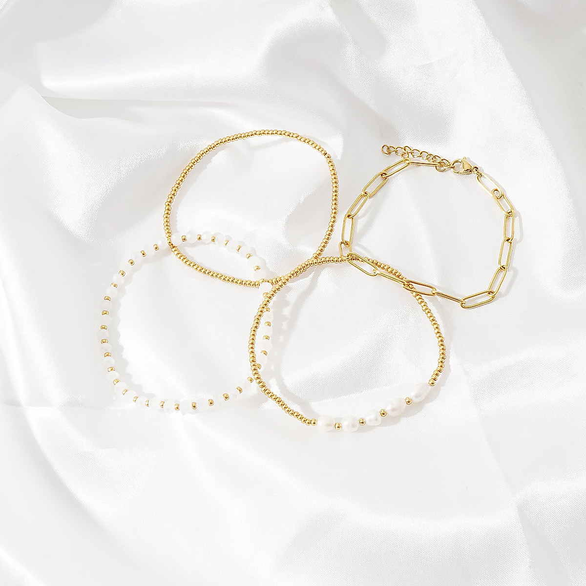 Pymach Dainty Gold Pearl Crystal Beaded Bracelets Set for Women 14K Real Gold Plated Bead Pearl Crystal Beads Bracelet Stackable Paperclip Link Chain Bracelets Gold Bracelets for Women Trendy Jewelry