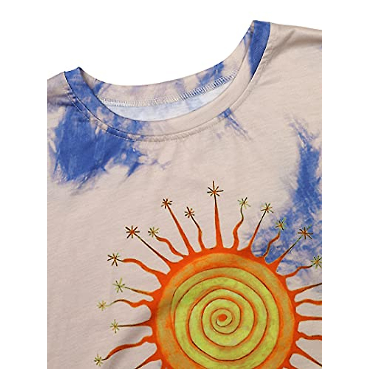 Remidoo Women's Casual Crewneck Short Sleeve Sun and Moon Print Tie Dye Oversized Graphic Top T-Shirt Blue Grey XX-Large