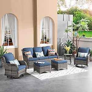 6 Piece Outdoor Patio Furniture Set Wicker Conversation Bistro Set Swivel Rocking Chairs with Side Table and Ottomans for Backyard, Porch, Balcony,Grey Wicker Denim Blue