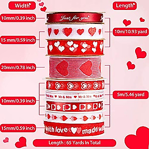 9 Rolls Valentine's Day Ribbons with Heart Printed and Sweet Words Love Ribbon Totally 65 Yards Assorted Ribbons in Different Width for DIY Wrapping, Hair Bow Clips, Party Decorating