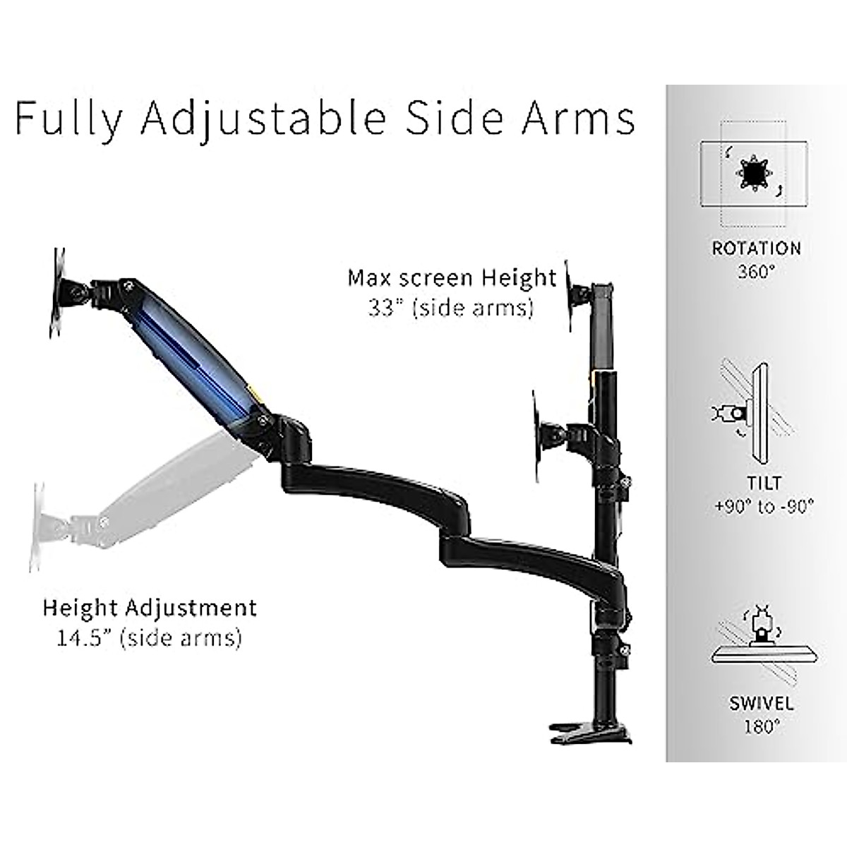 VIVO Triple Monitor Height Adjustable Desk Mount, 2 Pneumatic Arms, 1 Fixed, Counterbalance Stand, 17.6 lbs Weight Capacity per Screen, Max VESA 100x100, Fits up to 32 inch Screens, Black, STAND-V300G