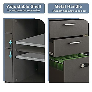 Salfanre 3 Drawer File Cabinet, Wood Filing Cabinet with Lock, Mobile Filing Cabinets, Printer Stand File Cabinet with Shelves, Office File Cabinets for Home Office, Fits A4 Size, Grey