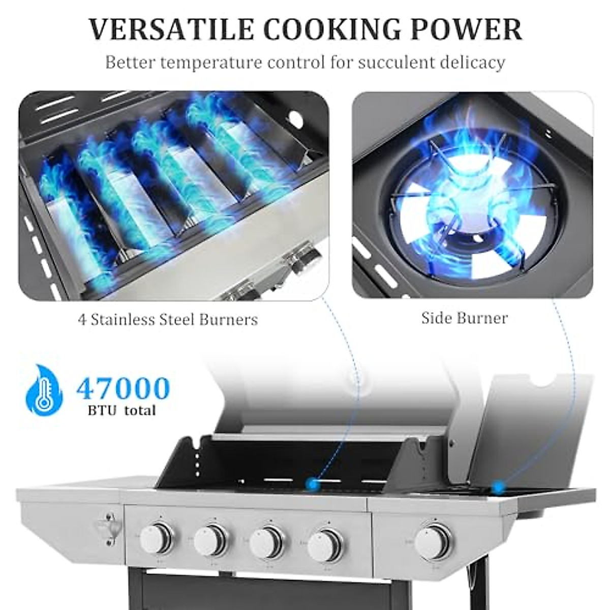 Unovivy 4-Burner Propane Gas BBQ Grill with Side Burner & Porcelain-Enameled Cast Iron Grates Built-in Thermometer, 47,000 BTU Outdoor Cooking, Patio, Garden Barbecue Grill, Black and Silver