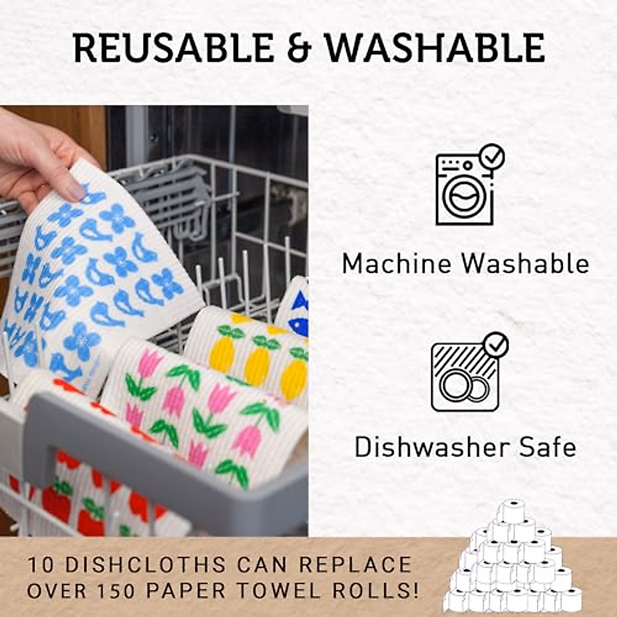 Nordhus Design Swedish Dishcloths for Kitchen, 10 Cloths, Made in Sweden - Reusable, Washable Cellulose Cotton Kitchen Cloths - Replace Paper Towels, Wipes, Sponges, Dish Rags