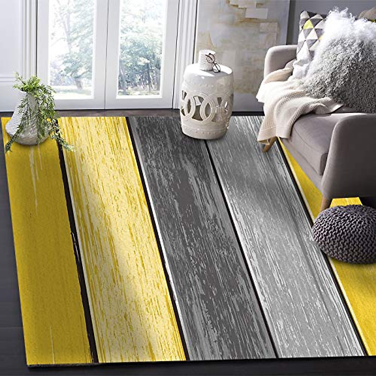 Yellow Grey Ombre Area Rugs for Living Room/Bedrooom, 4'x6' Area Rug Non-Slip, Farmhouse Wooden Striped Abstract Aesthetics Kids Room Area Rug Washable Accent Floor Carpet Runner Indoor Outdoor