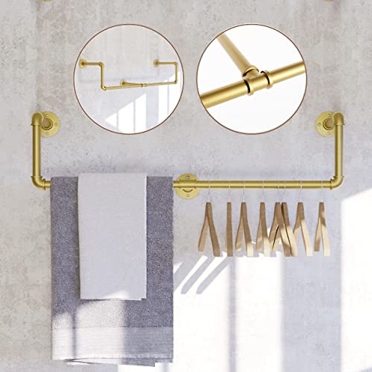 Industrial Pipe Clothing Rack, Wall Mounted Clothes Rack, Industrial Clothing Rack, Pipe Clothing Rack, Closet Rods for Hanging Clothes, 100% Galvanized Steel (39 in, Gold)