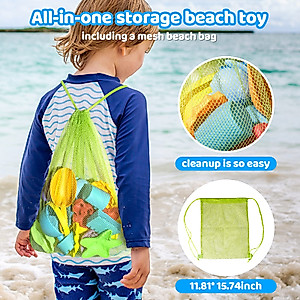 Beach Toy Sand Toy Set for Kids Silicone Foldable Sand Bucket with Summer Mesh Bag, Shovel, Rake, Watering Can, Animal and Castle Sand Molds for Children Outdoor Sandbox Toys for Toddlers Age 3-10