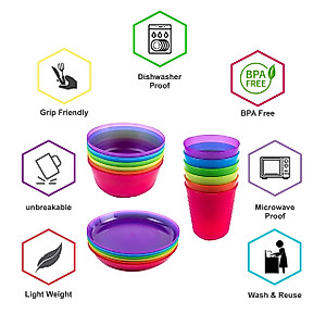 Cuddly Hippo Kids Plastic Dinnerware Set of 18 Multi Color Pieces (Plates, Bowls, and Cups) - Reusable, BPA-Free, Dishwasher Safe and Microwaveable