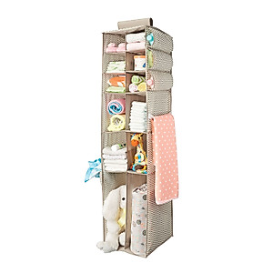 mDesign Long Soft Fabric Over Closet Rod Hanging Storage Organizer with 12 Divided Shelves, Side Pockets for Child/Kids Room or Nursery, Store Diapers, Wipes, Lotions, Toys - 2 Pack - Taupe/Natural