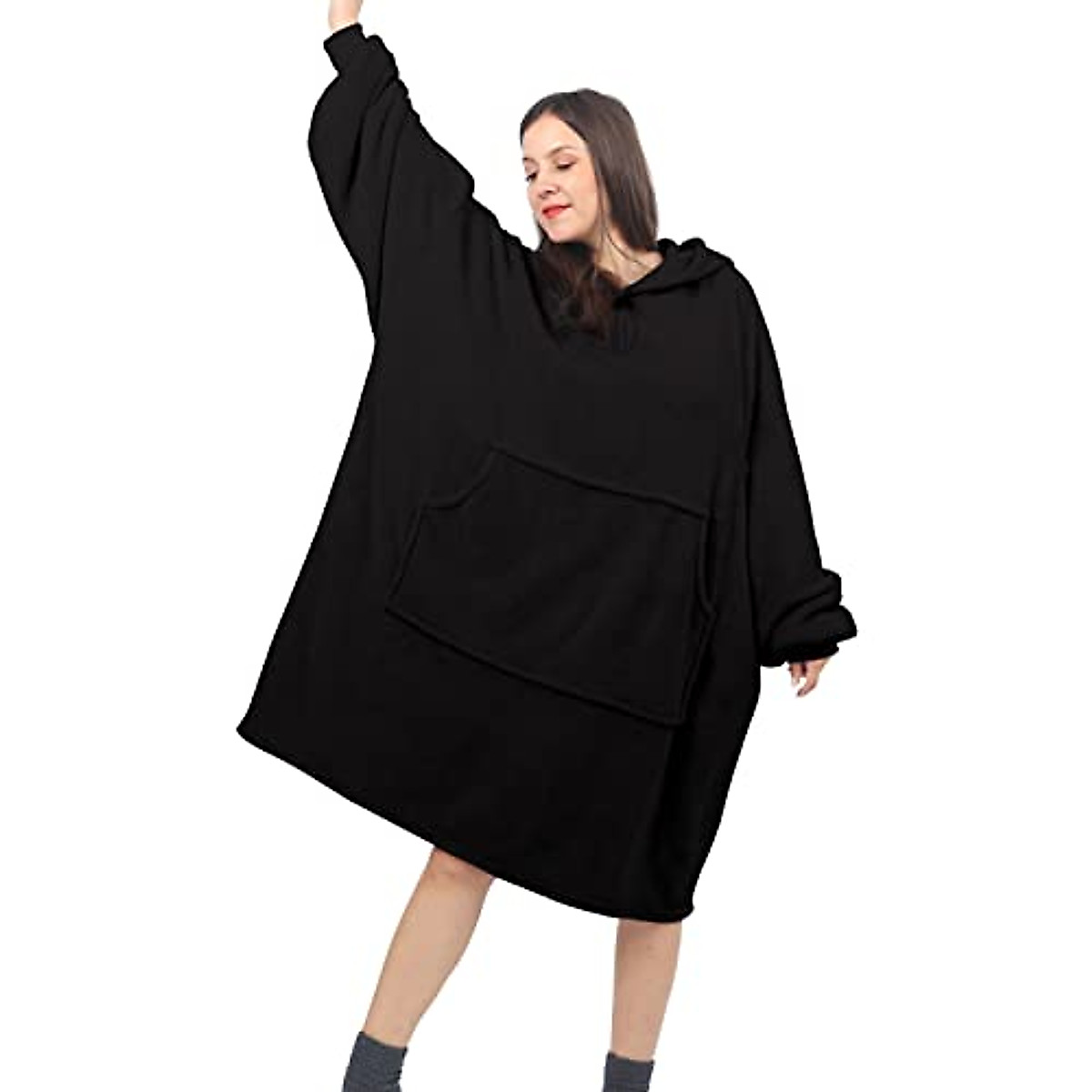 Daverose Oversized Wearable Blanket Hoodie for Women Men Adults, Fleece Hoodie Blanket Sweatshirt with Giant Hood & Pocket for Teens, Cozy Hooded Blanket as A Gift Indoor & Outdoor, Black
