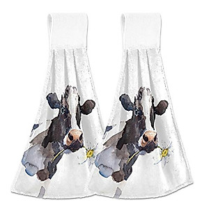 Oarencol Vintage Cow Daisy Flower Kitchen Hand Towel Farm Animal Absorbent Hanging Tie Towels with Loop for Bathroom 2 Pcs