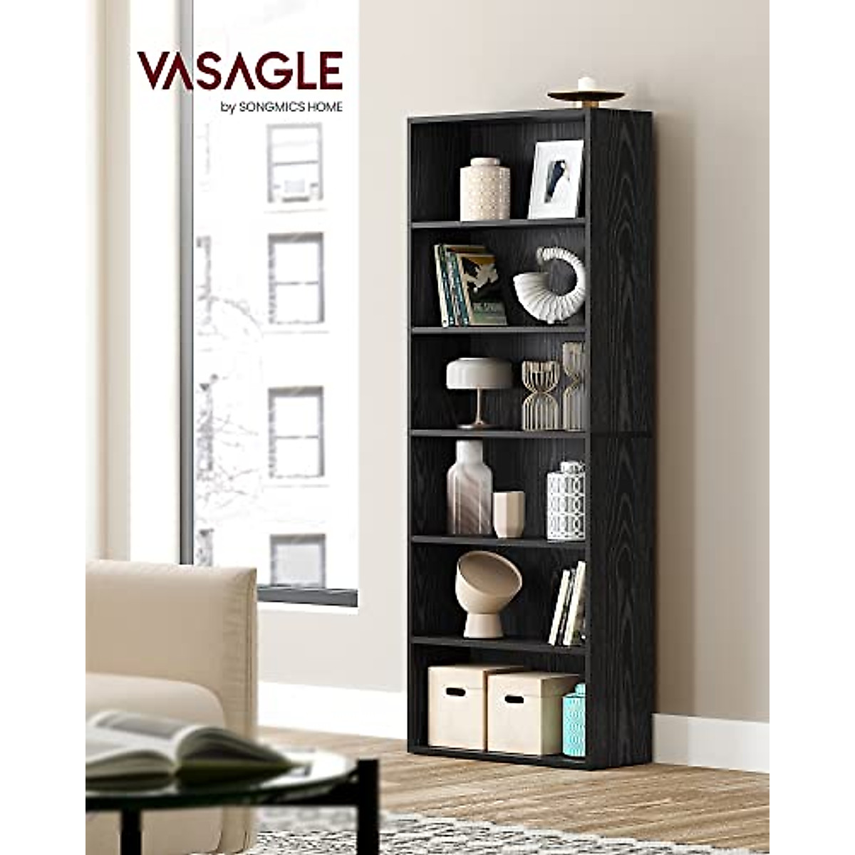VASAGLE Bookshelf, 6-Tier Open Bookcase with Adjustable Storage Shelves, Floor Standing Unit, Black ULBC166T56