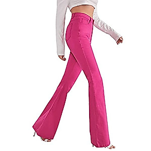 SweatyRocks Women's Casual Denim Pants Heart Print High Waist Stretchy Bell Bottom Flared Jeans Hot Pink S