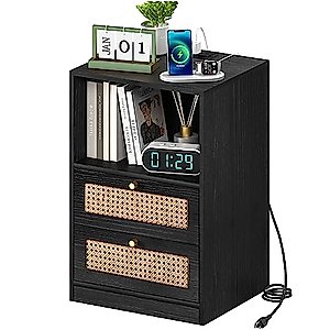 Yoobure Black Nightstand with Charging Station, Bed Side Table/Night Stand with Drawers, Modern Nightstands with USB Ports & Outlets for Bedroom, Living Room, Home Office