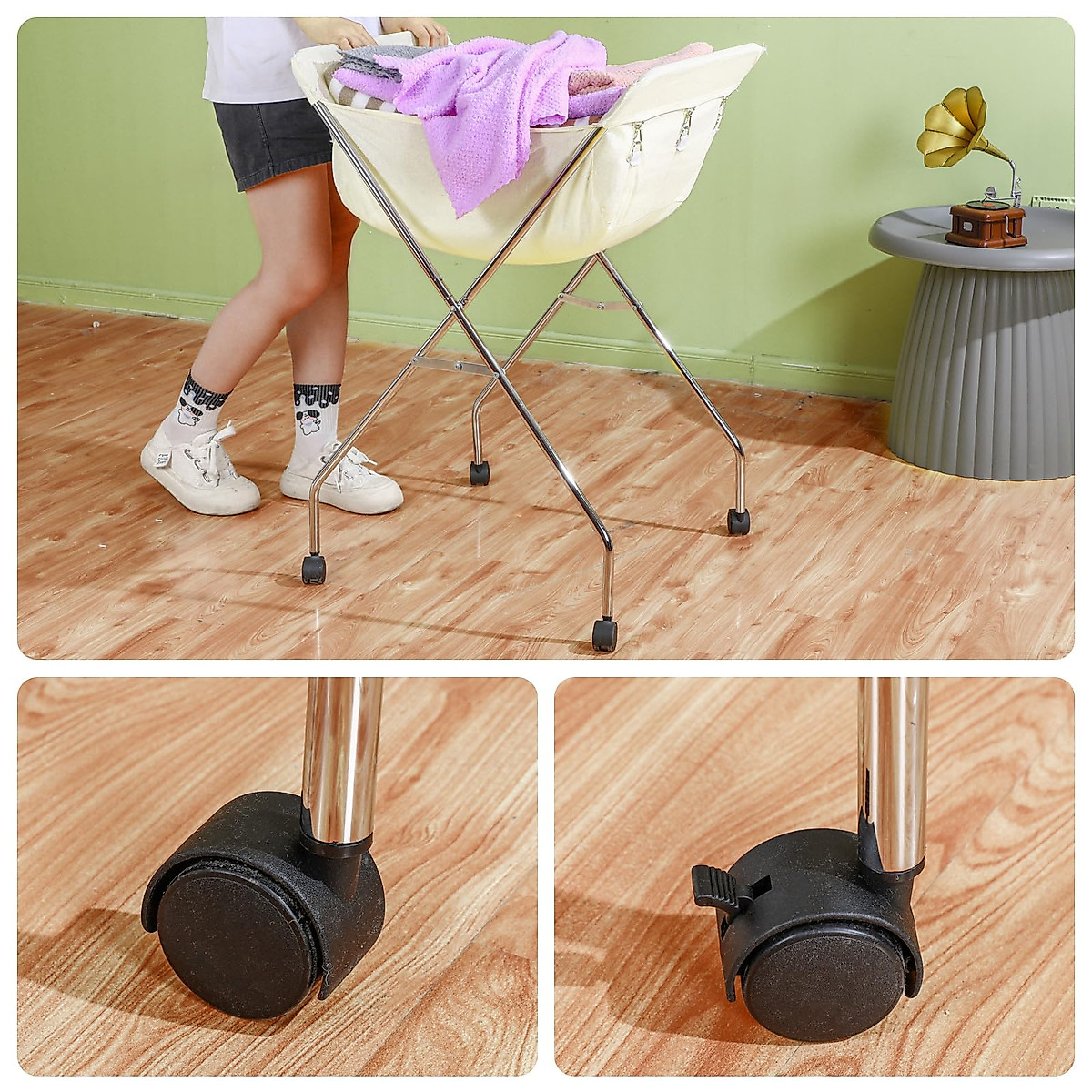 Mifoci Rolling Laundry Basket with Wheels, Foldable Rolling Laundry Cart Collapsible Hamper with Handle, Tubular Metal Frame and Removable Bag, White Bag Included, 24.4 x 19.7 x 34 Inches