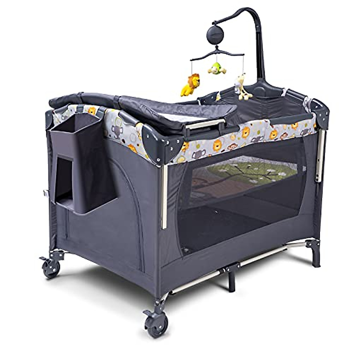 SKIH 5 in 1 baby bedside Sleeper, Bassinet with Toys & Music Box, Mattress, Foldable Playard, Portable Travel crib for Girl Boy Infant Newborn (Grey)