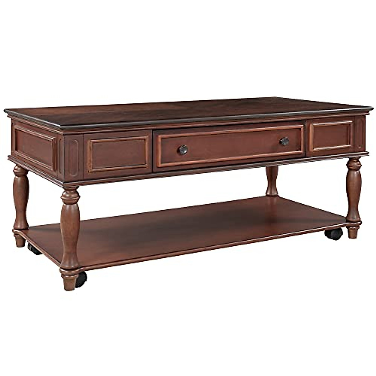 AOCOROE Large Wood Coffee Table with Lockable Casters French Country Style Coffee Table with Drawers. 47 Inch Center Table for Living Room