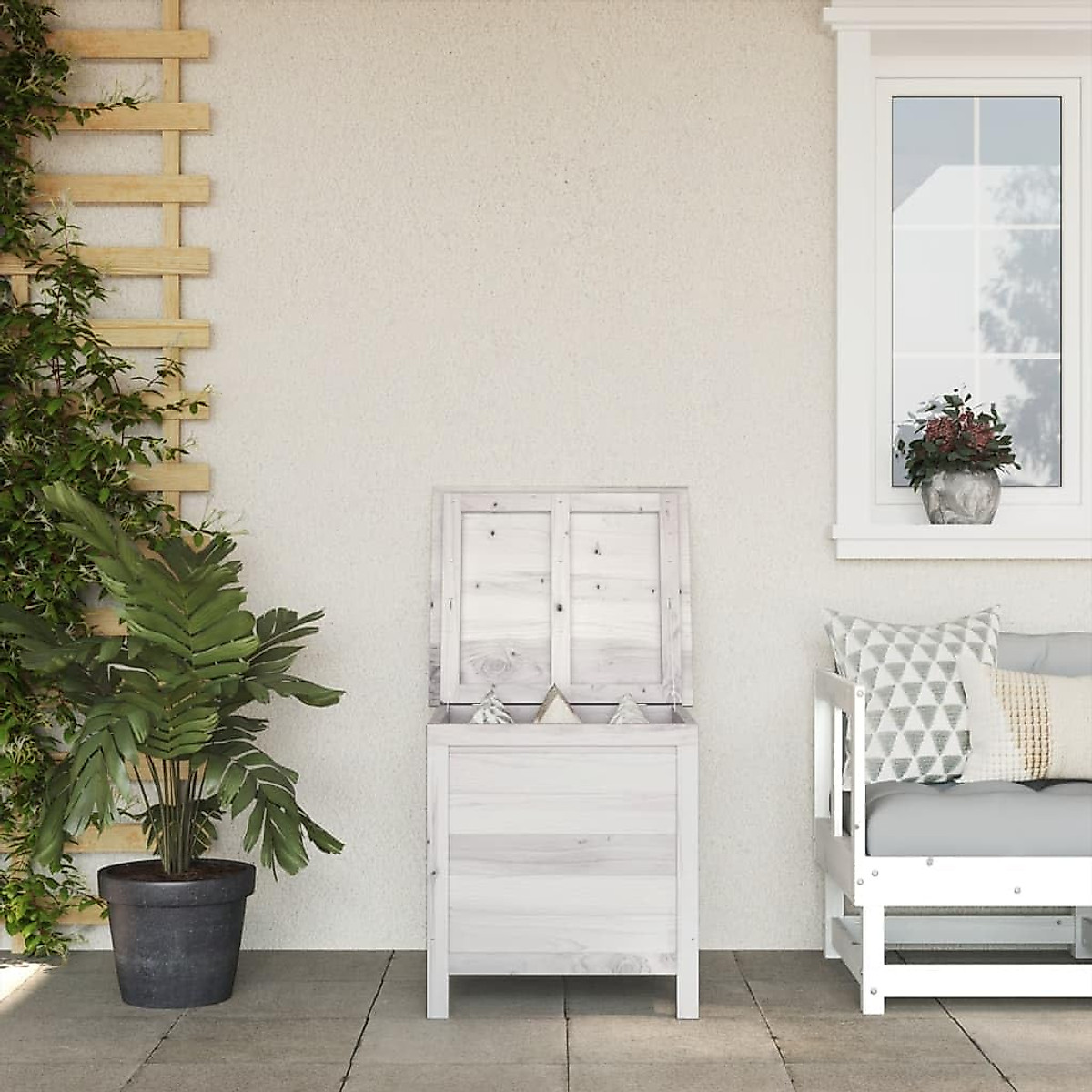 vidaXL Solid Fir Wood Patio Storage Box - White Outdoor Cushion Chest for Garden Tools and Toys with Slatted Base, 19.7x19.3x22.2 Inches